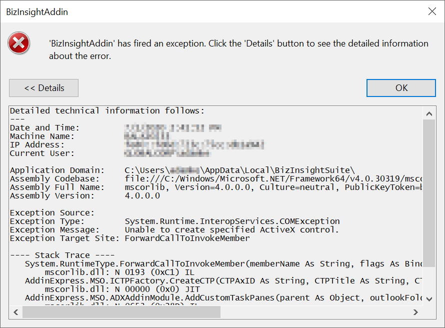 BizNet - Unable to create specified ActiveX control